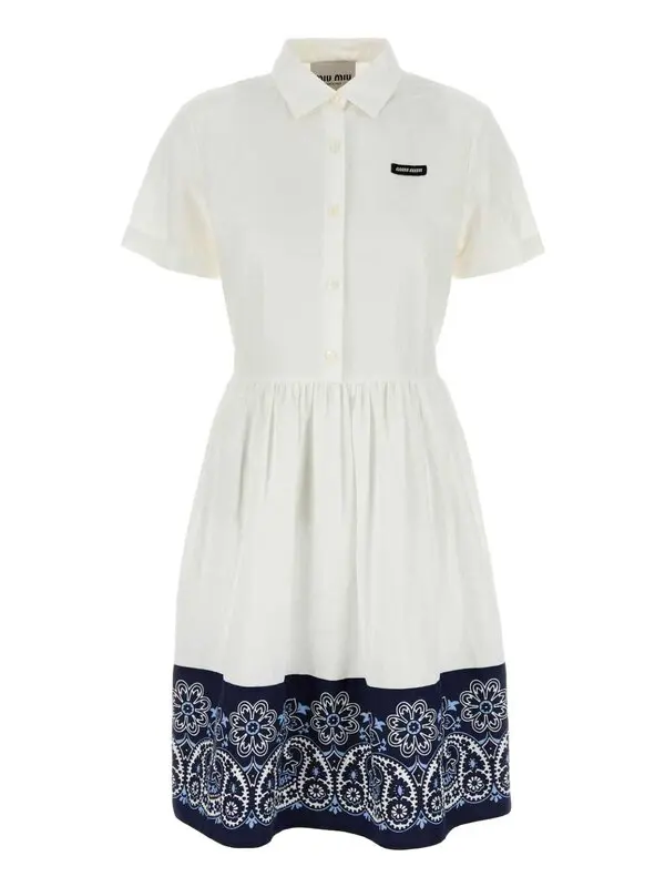 Miu Miu Cotton Blend Shirt Dress With Printed Hem - White
