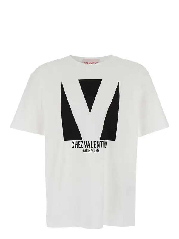 Valentino Garavani Chez' Crewneck T-shirt With Maxi Logo Print On The Front In Cotton - White