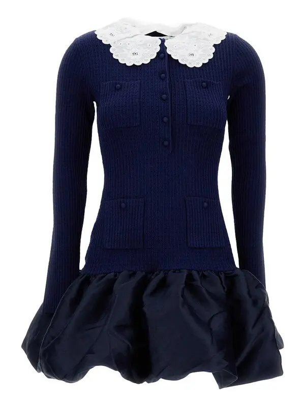 SELF-PORTRAIT Navy Knit Taffeta Mini Dress With Broderie Anglaise Collar - Multicolor