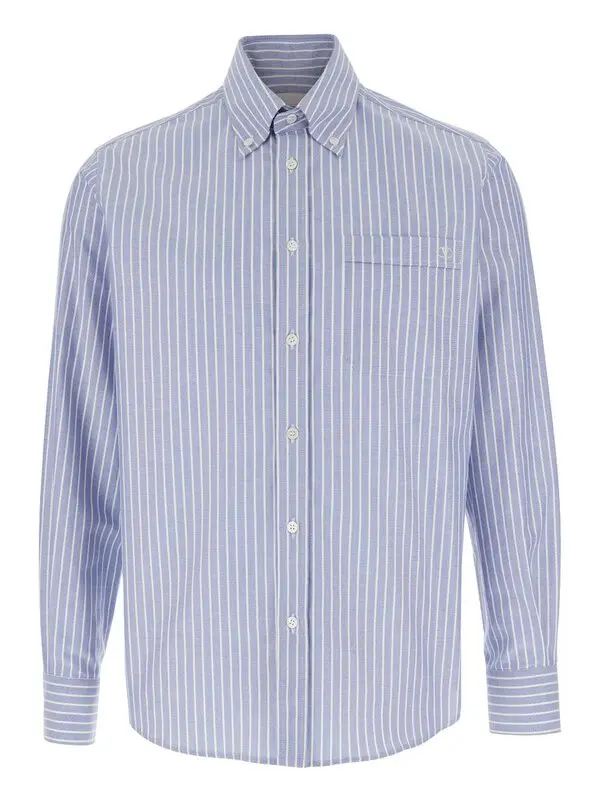 Valentino Garavani Light Blue Shirt With Logo Detail On The Front And All-over Striped Motif In Cotton - Multicolor
