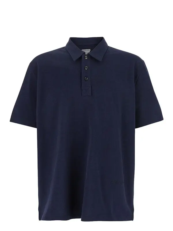 Bottega Veneta Blue Polo With Classic Collar And Embroidered Logo On The Front In Tone On Tone Cotton - Multicolor
