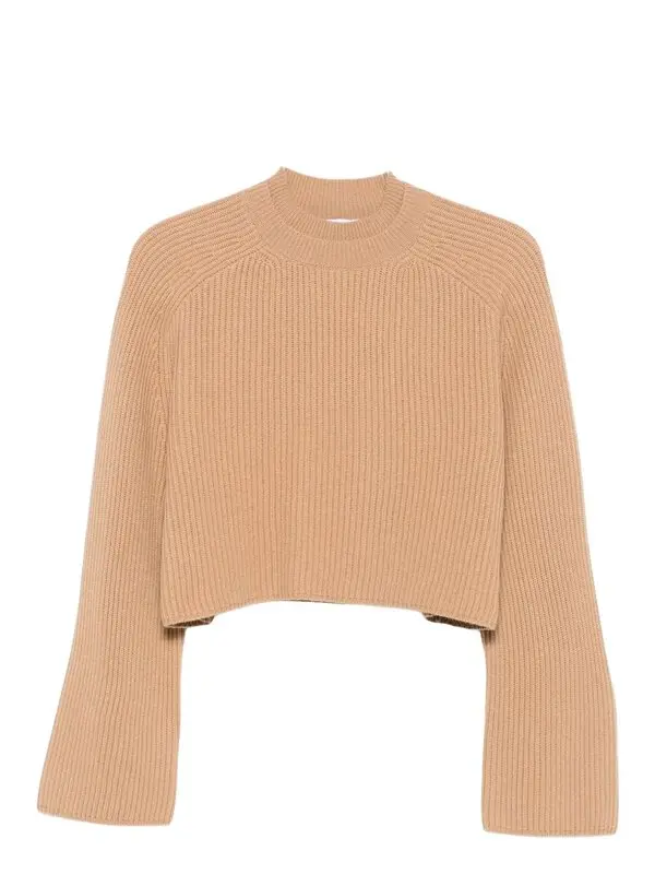 Max Mara Beige Ribbed Knit Cashmere Wool Crew Neck Cropped Sweater - Multicolor