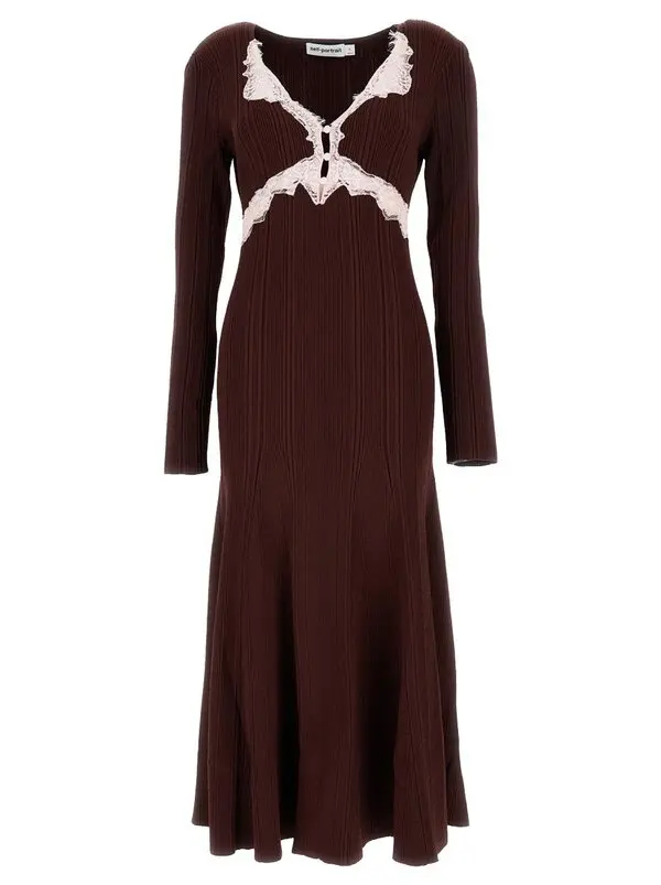 SELF-PORTRAIT Ribbed Knit Dress With Lace Detailing - Multicolor