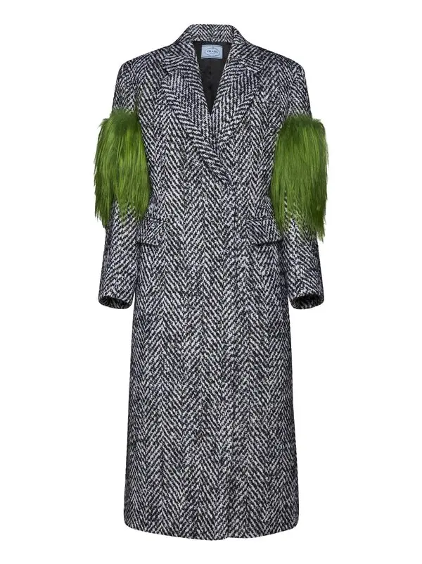 Prada Herringbone Wool Coat With Faux Fur Trim - Gray