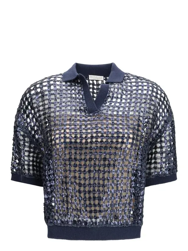 Brunello Cucinelli Openwork Sequin Polo Shirt - Blue