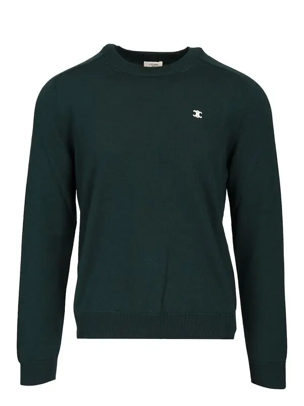 Celine Crewneck Wool Sweater With Embroidered Triomphe Logo - Green