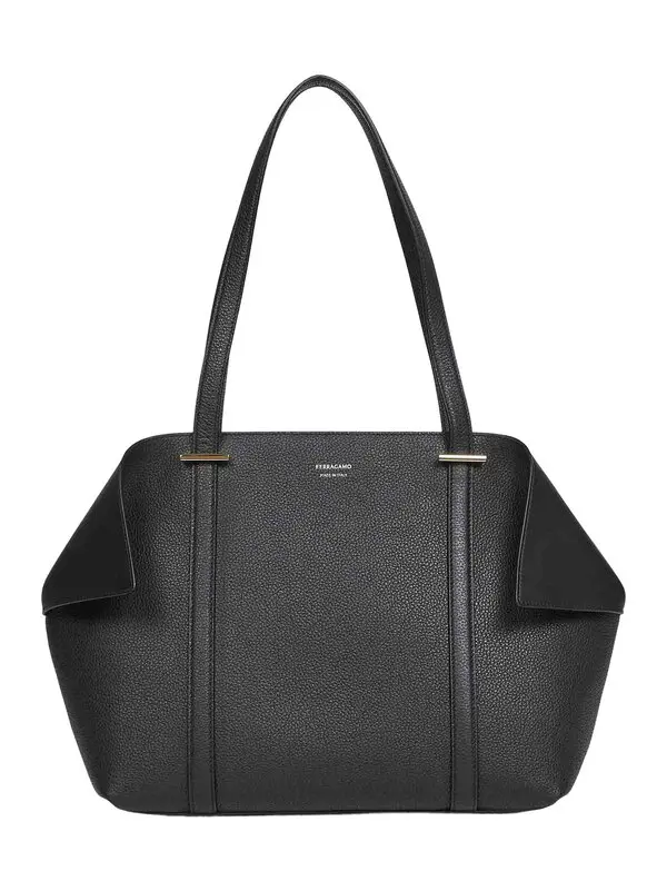 FERRAGAMO Black Grained Calfskin Leather Folded Tote Bag - Multicolor