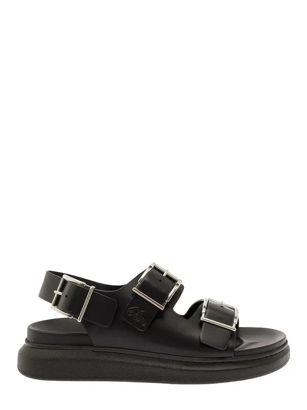 Alexander McQueen Black Leather Slide Sandals With Embossed Logo And Buckles - Multicolor
