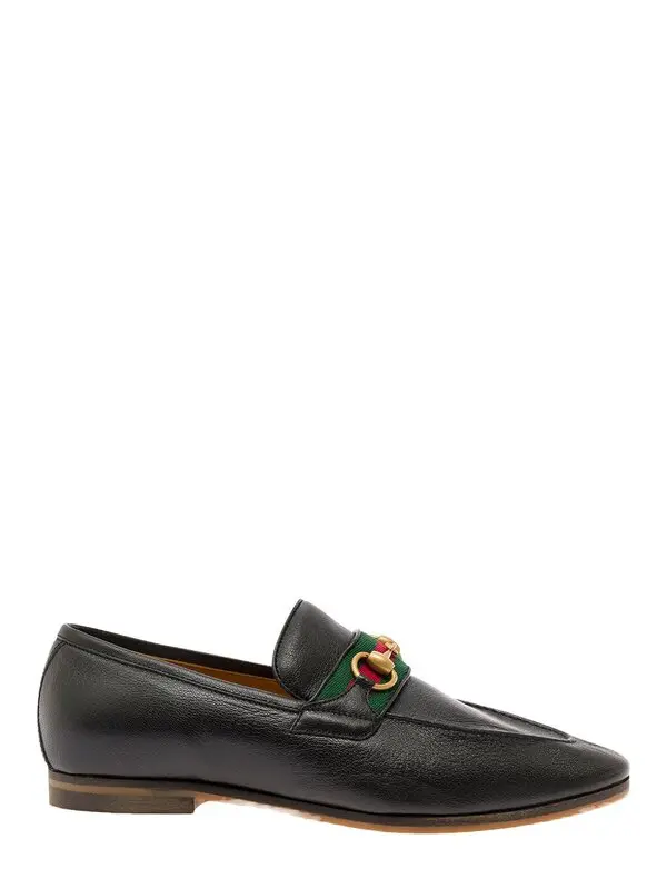 Gucci Black Leather Loafers With Web And Horsebit Detail - Multicolor