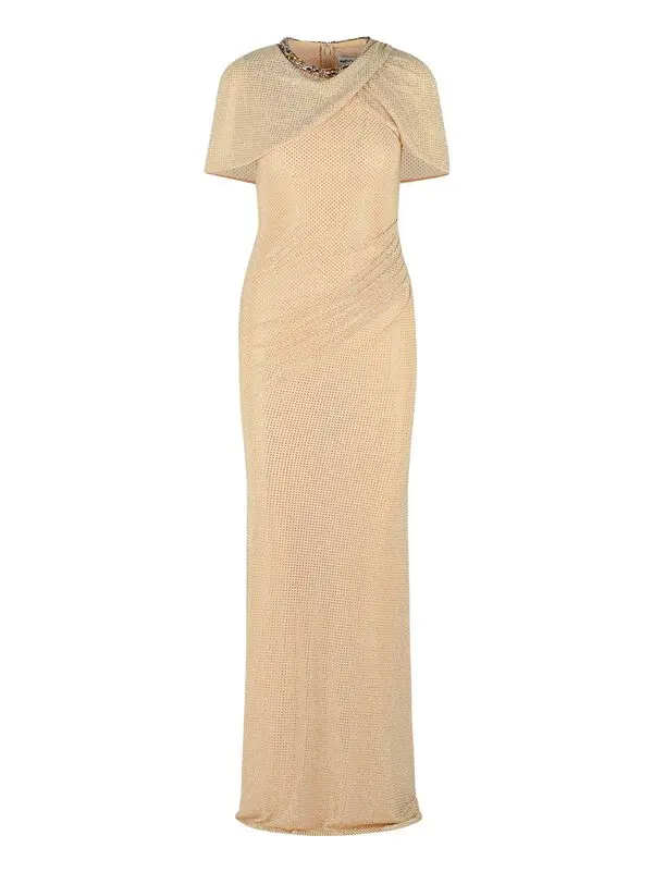 SELF-PORTRAIT Embellished Crewneck Long Dress With Draped Shrug - Cream