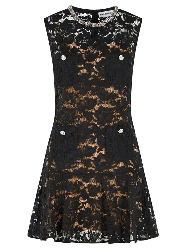 SELF-PORTRAIT Lace Dress With Embellished Neckline - Black
