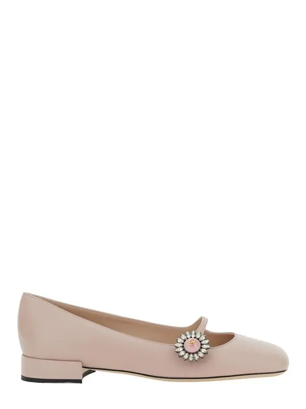 Valentino Garavani Ballerinas With Decorative Plate And Low Laminated Heel In Leather - Pink