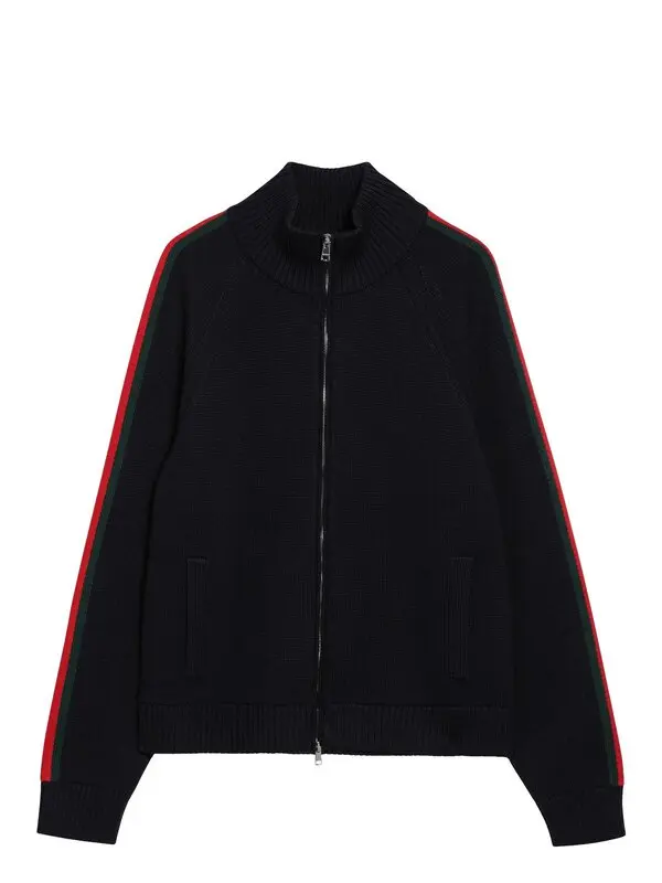 Gucci Wool Zip-up Cardigan With Web Stripe - Blue