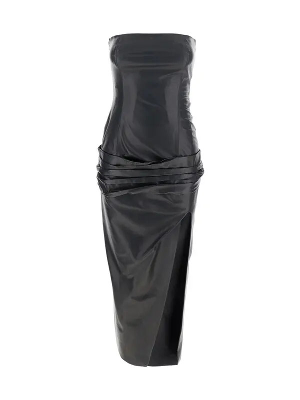 Attico Black Leather Off-shoulder Midi Dress With Ruched Waist And Slit - Multicolor
