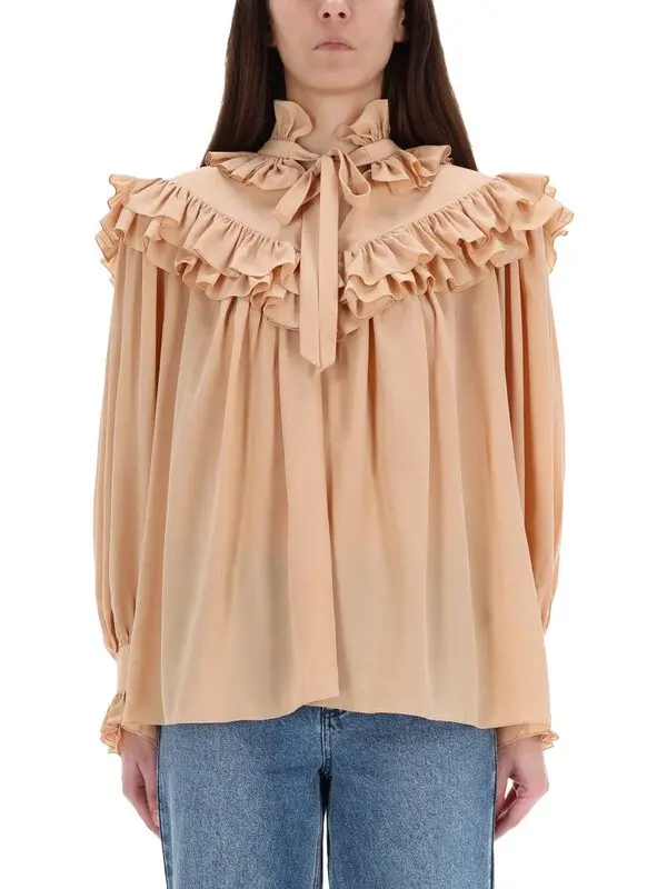 Chloé Silk Shirt With Ruffled Neckline - Cream