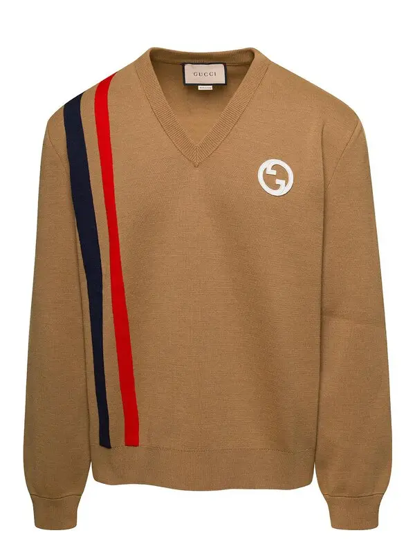 Gucci Wool V-neck Sweater With Interlocking G Detail - Multicolor