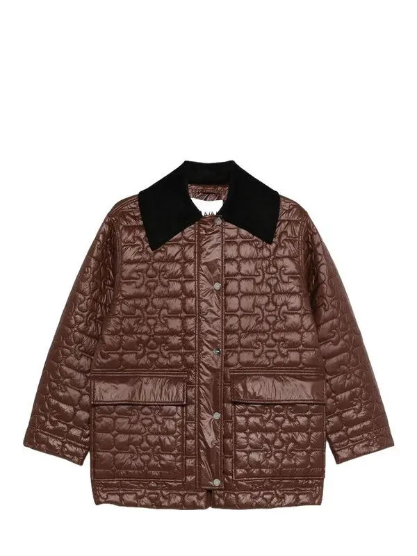 GANNI Quilted Coat With Contrasting Collar - Brown