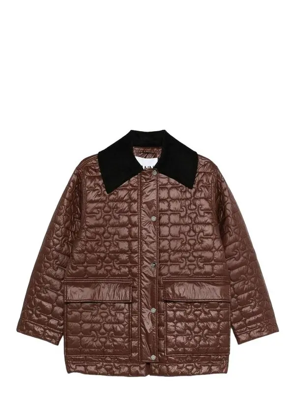 GANNI Quilted Coat With Contrasting Collar - Brown