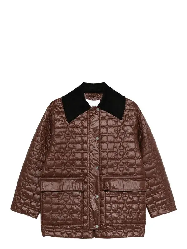 GANNI Quilted Coat With Contrasting Collar - Brown