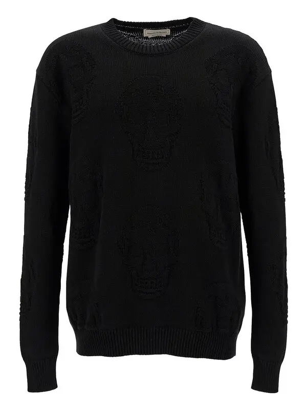 Alexander McQueen Black Cotton Crewneck Sweater With Tonal Skull Embellishment - Multicolor