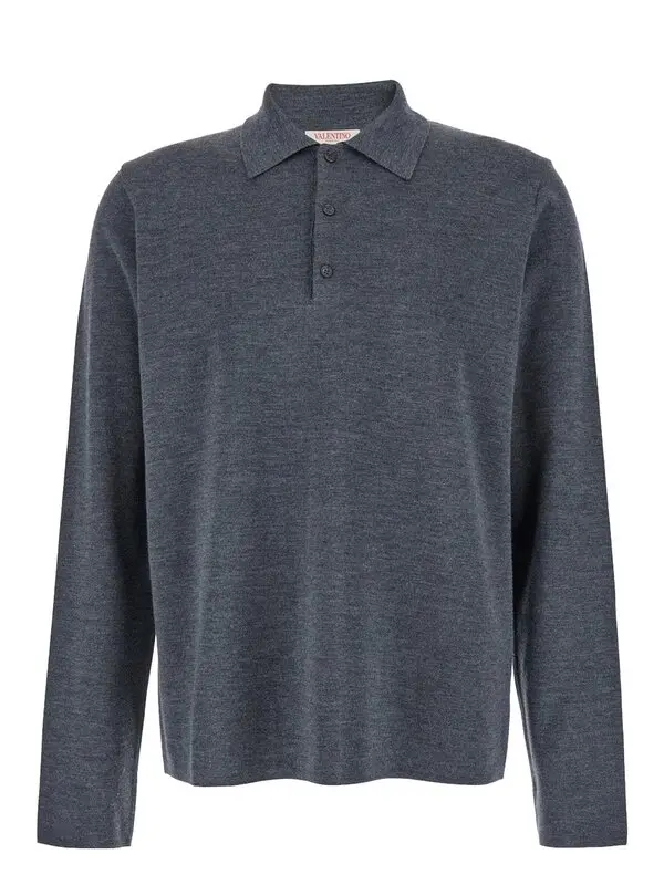 Valentino Garavani Grey Polo Shirt With Classic Collar And Long Sleeves In Wool - Multicolor
