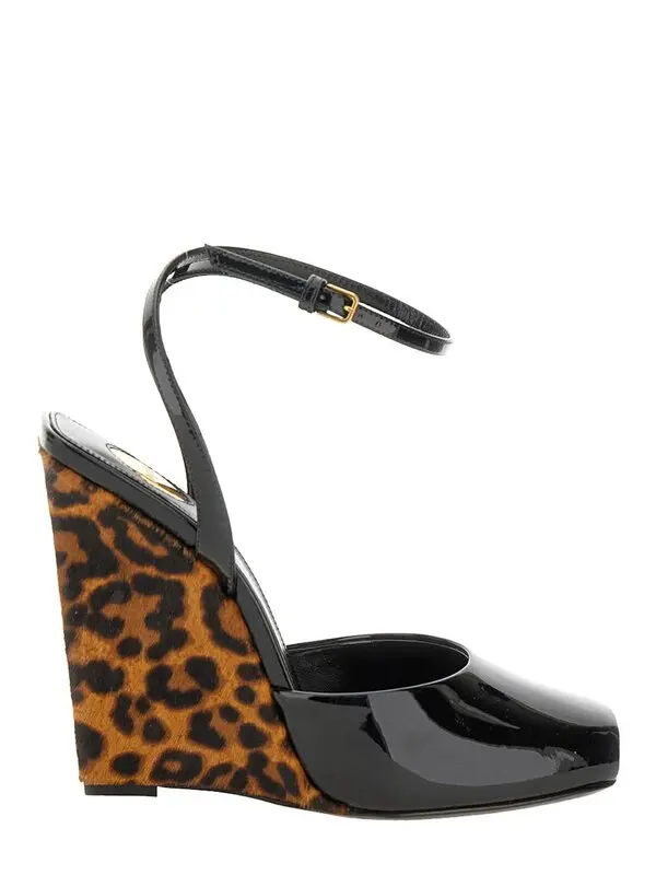 Saint Laurent Black Patent Leather Wedges With Animalier Print - Multicolor