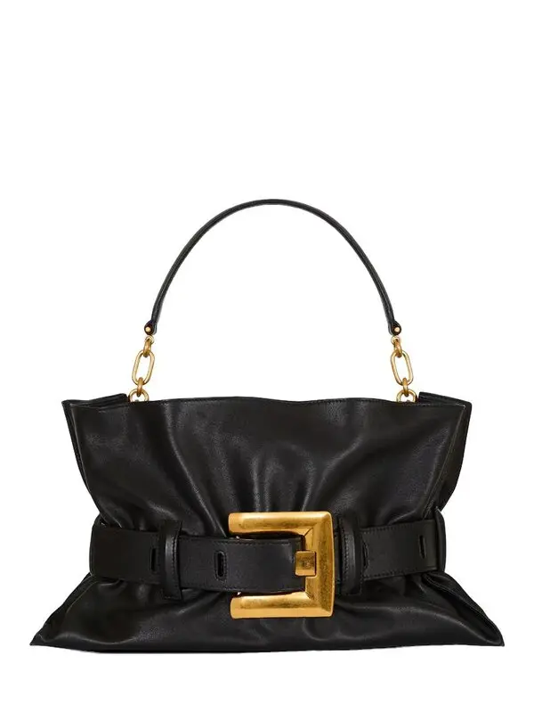 Balmain Calfskin Leather Gathered Shoulder Bag With Gold-tone Hardware - Black