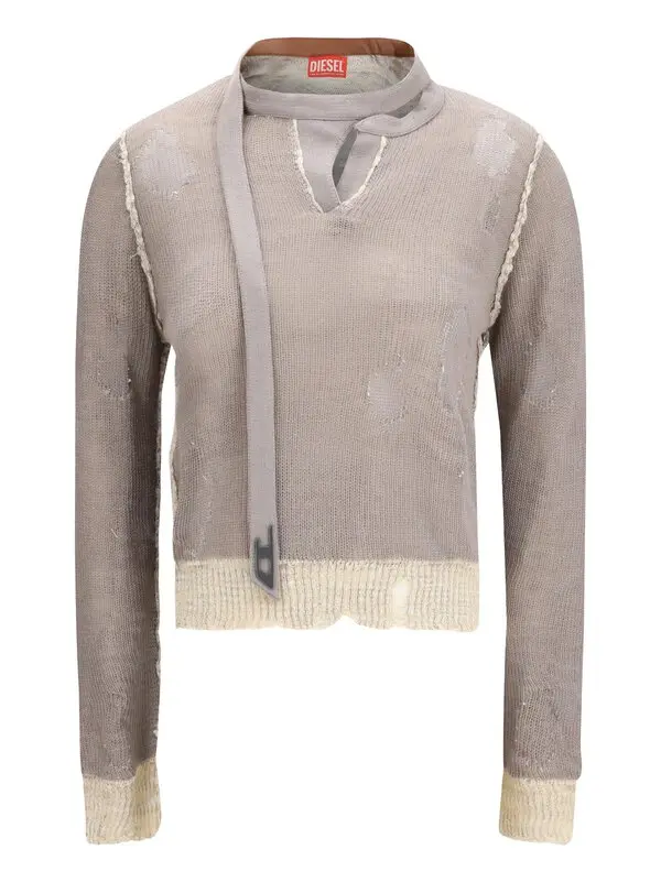 DIESEL® Worn-effect" Long Sleeve Sweater With Cut-out Detail - Gray