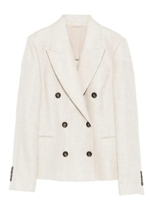 Brunello Cucinelli Beige Herringbone Double-breasted Blazer - Cream