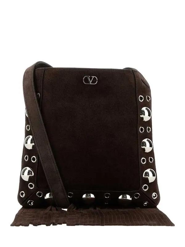 Valentino Garavani Suede Small Crossbody Bag With Silver Tone Hardware - Brown