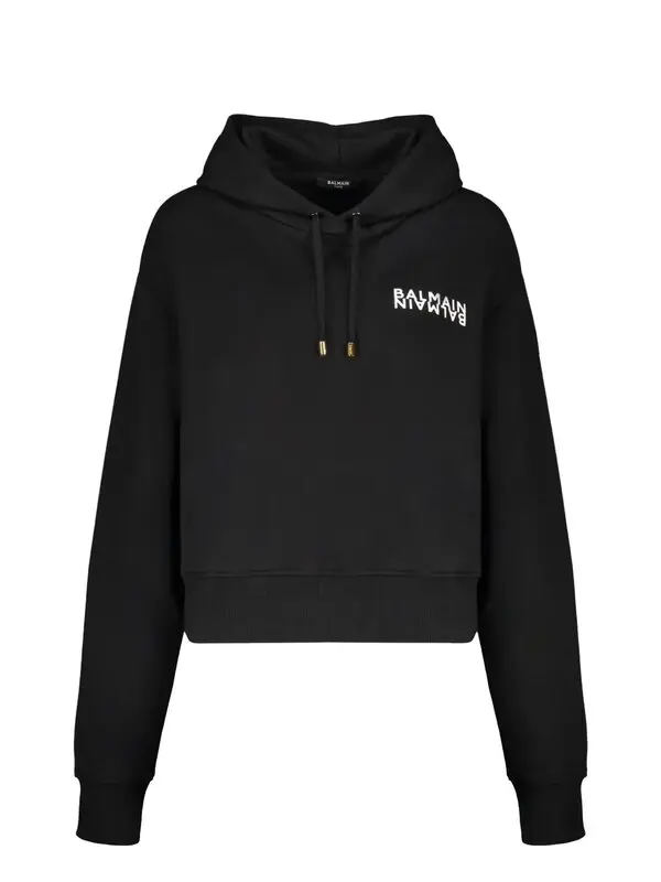 Balmain Logo Print Drawstring Hoodie - Black