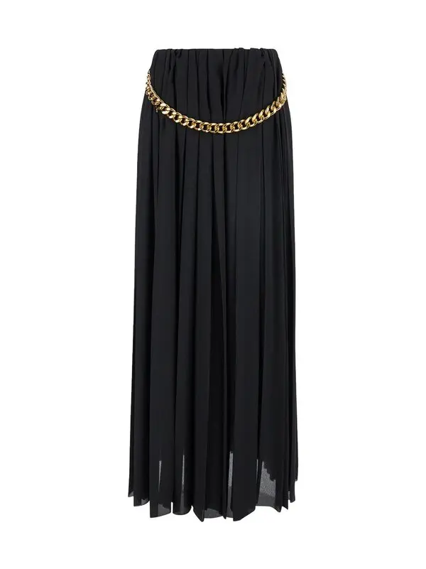 Balenciaga Black Pleated Tech Fabric Long Skirt With Chain Belt - Multicolor