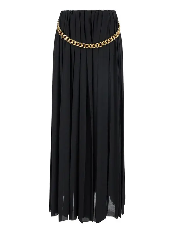 Balenciaga Black Pleated Tech Fabric Long Skirt With Chain Belt - Multicolor