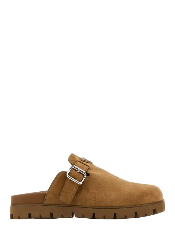 Prada Camel Suede Slip-on Slippers With Buckle Detail - Brown