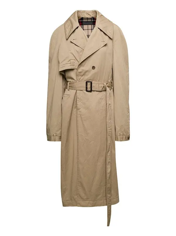 Balenciaga Beige Cotton Twill Deconstructed Trench Coat With Belt - Multicolor