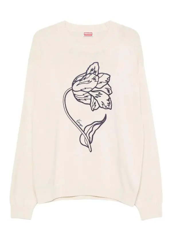 Kenzo Floral" Embroidered Crew Neck Sweater - Cream