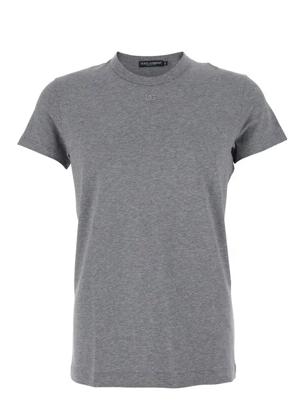 Dolce & Gabbana Grey Crewneck T-shirt With Tonal Logo Lettering Embroidery On The Front In Cotton Stretch - Gray