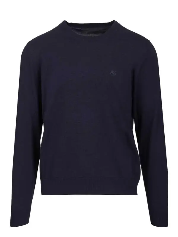 Etro Crew Neck Cotton Sweater With Embroidered Logo - Blue