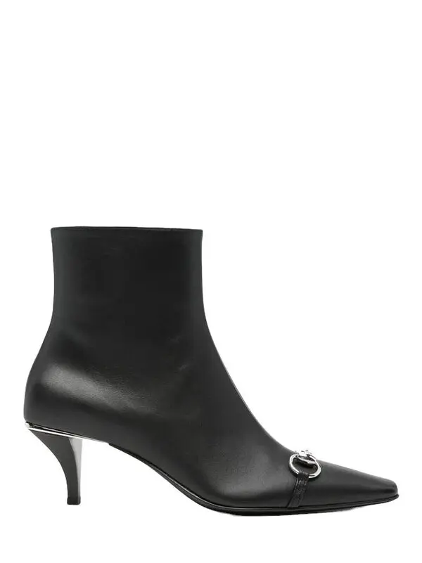 Gucci Leather Horsebit Detail Pointed Toe Boots - Black