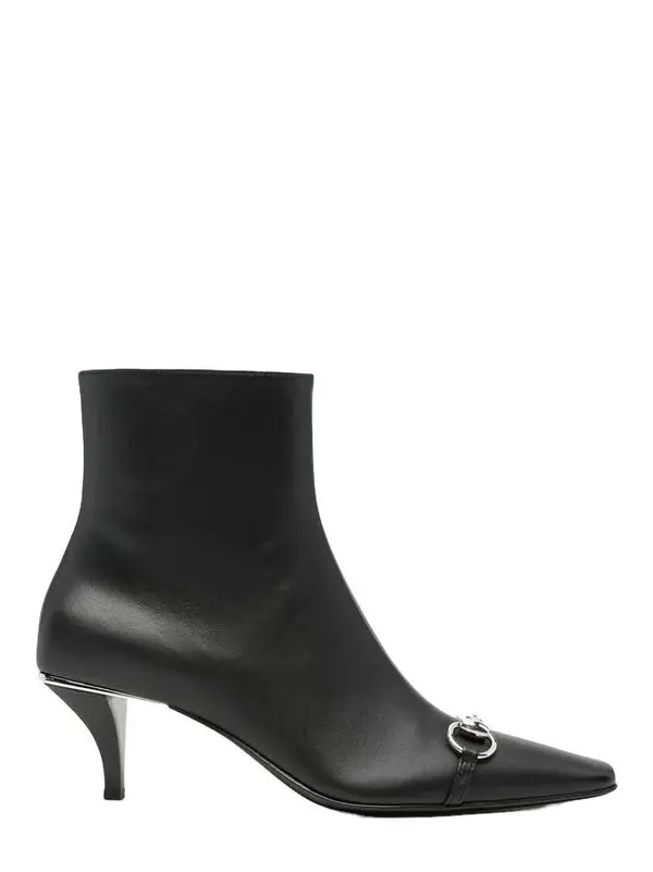 Gucci Leather Horsebit Detail Pointed Toe Boots - Black