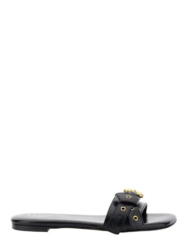 Chloé Mae Slip-on Leather Sandals With Embossed Logo - Black