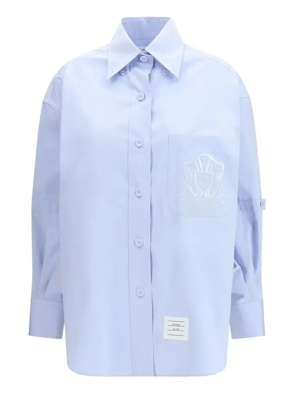 Thom Browne Oversized Cotton Shirt With Embroidered Logo - Blue