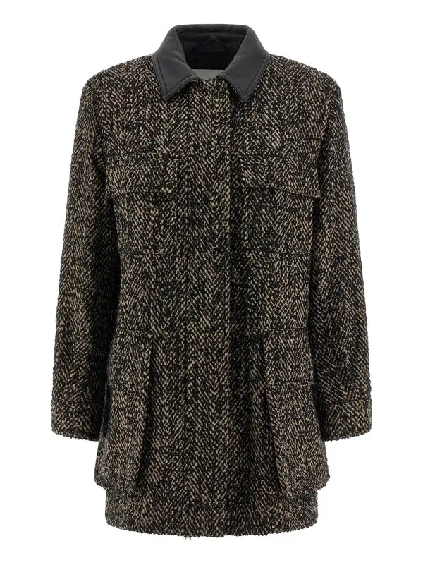 Max Mara Angio Wool Tweed Jacket With Leather Collar - Multicolor