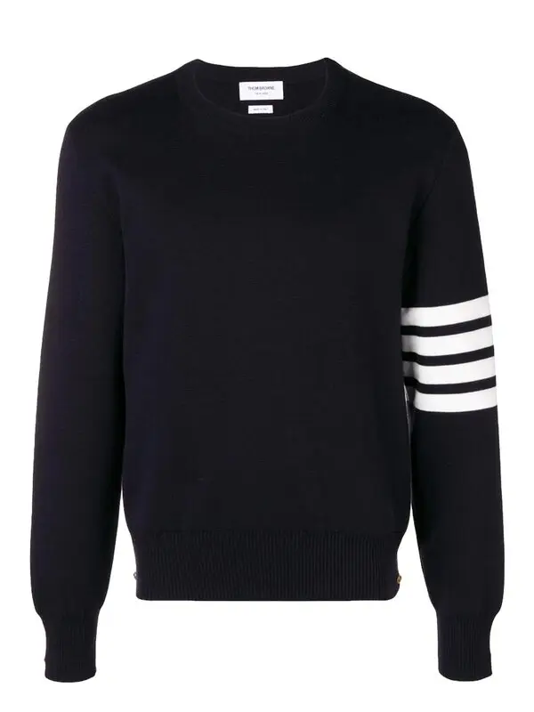 Thom Browne Navy Cotton Fine Knit Crew Neck Long Sleeve Sweater - Blue