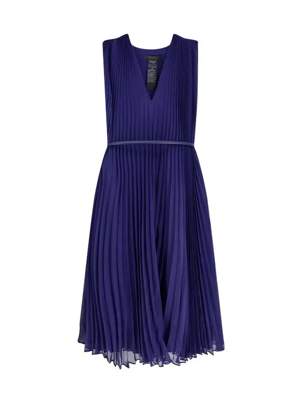 Max Mara Pleated Belted V-neck Sleeveless Flared Dress - Multicolor