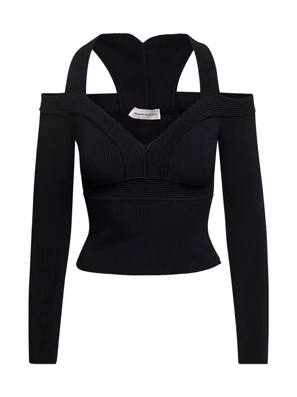 Alexander McQueen Black Jersey Stretch Cropped Top With Cut-out Details - Multicolor