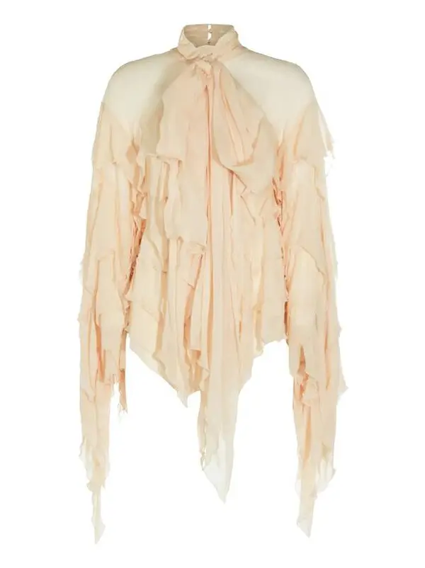 Blumarine Peach Pink Ruffled Texture Pussy-bow Collar Long Sleeve Blouse - Cream