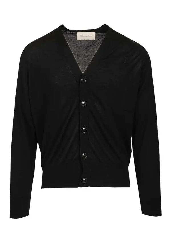 Ami V-neck Wool Cardigan With Embroidered Logo - Black