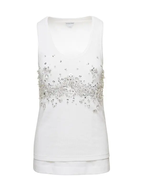 Bottega Veneta White Ribbed Jersey Tank Top With Crystal Embellishment - Multicolor