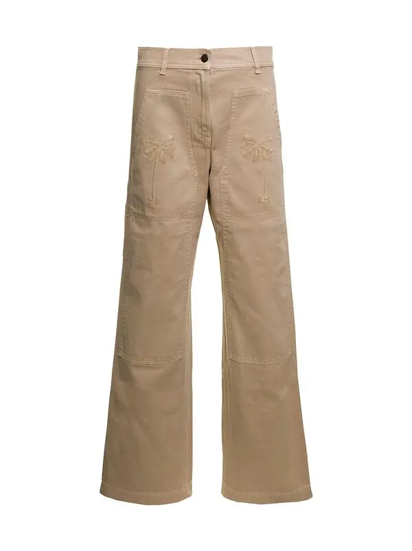 Palm Angels Beige Cotton Denim Cargo Pants With Embroidered Palm - Multicolor